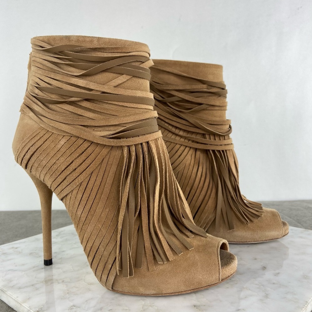 Gucci Tan Suede Fringe Open Toe Heeled Booties - Gem